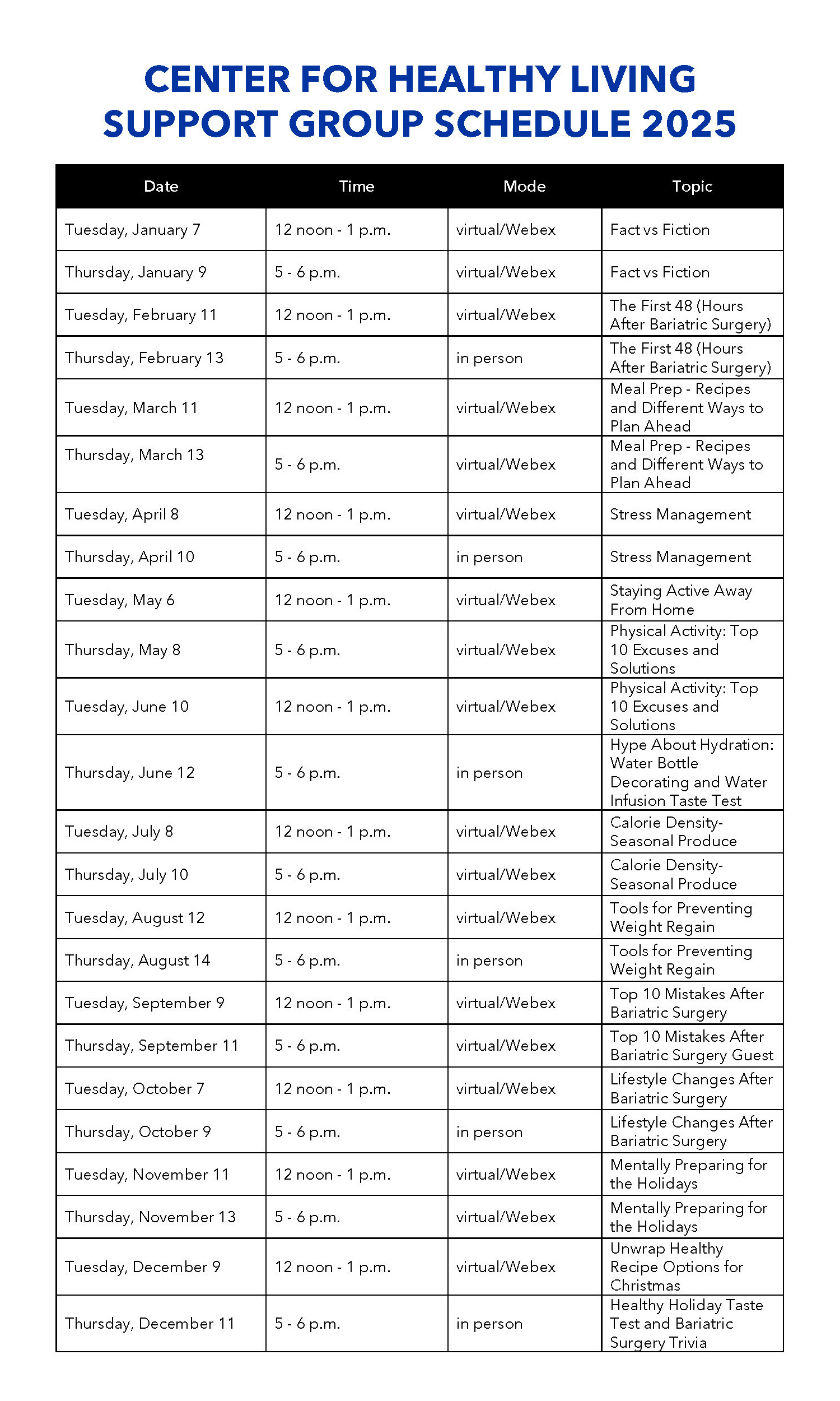Support Group Schedule 2025 | King's Daughters Health System